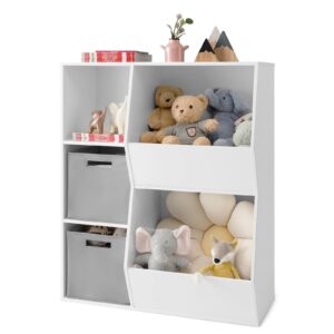 5-cube kids toy storage cabinet, freestanding children bookcase w/ 2 foldable storage bins, open multi-purpose storage display organizer for kids room, play room, hallway, nursery