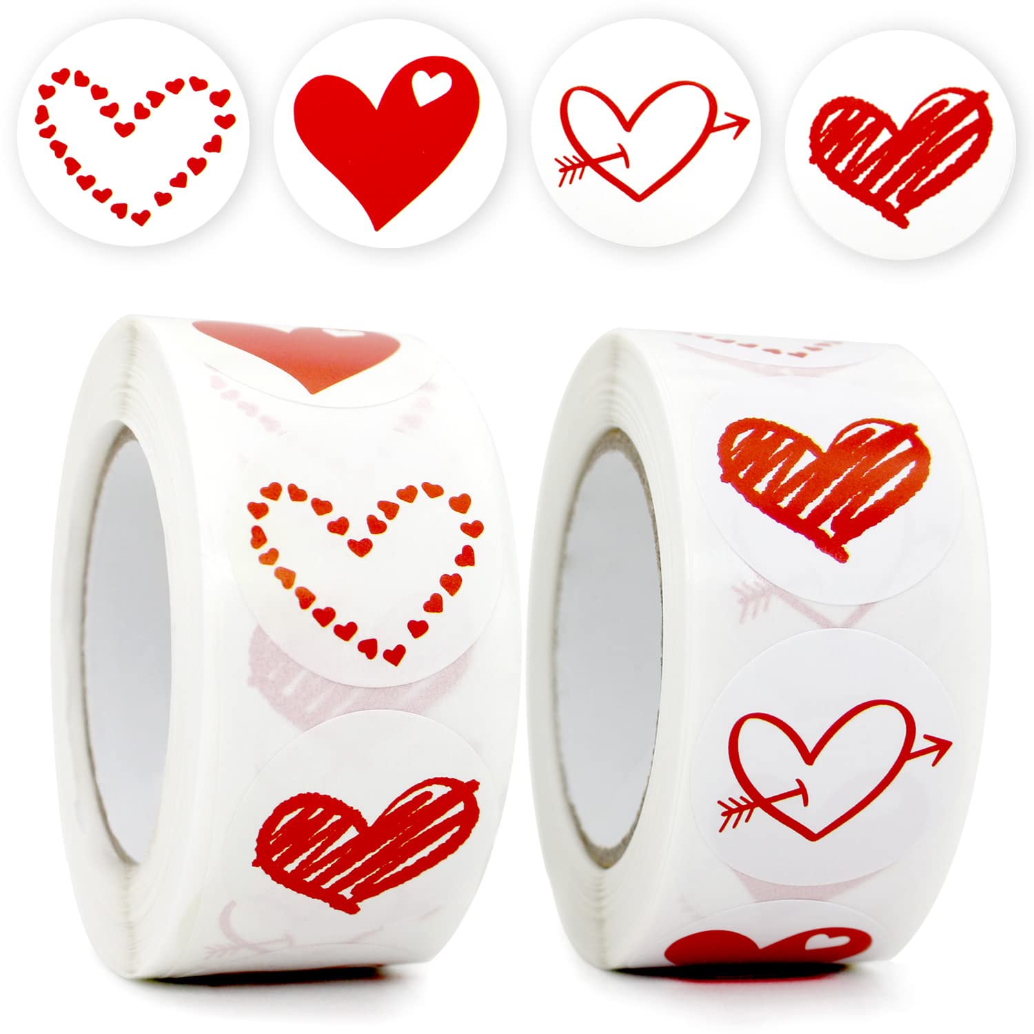 1000 PCS Cute Red Heart Stickers 2 Rolls Heart-Shaped I Love You Stickers Labels for Happy Valentines Day 4 Designs 1 Inch