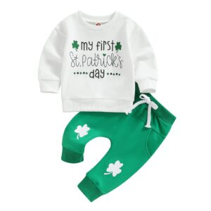 kosusanill my first baby boy st patricks day outfit newborn infant irish shamrock clothes long sleeve sweatshirt pullover pants set (white green lucky clover crewneck, 3-6 months)