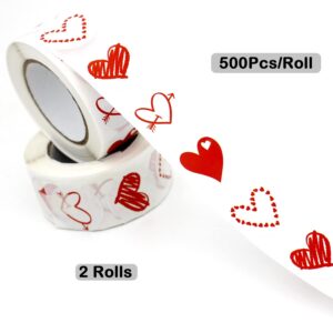 1000 PCS Cute Red Heart Stickers 2 Rolls Heart-Shaped I Love You Stickers Labels for Happy Valentines Day 4 Designs 1 Inch