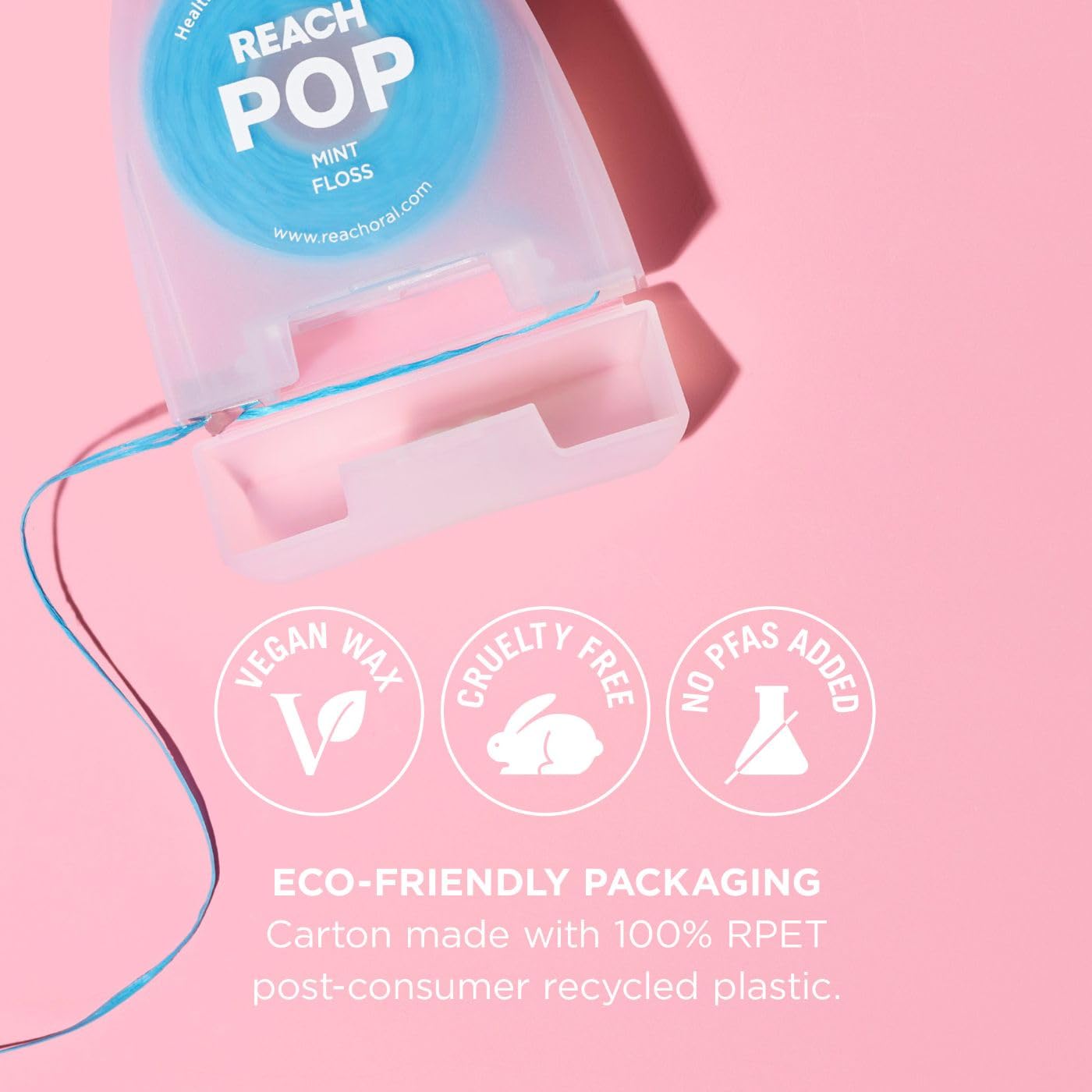 REACH POP Dental Floss, Mint, Vegan Wax, Plaque Remover, PFAS-Free, Shred Resistant, Cruelty Free, Eco Friendly PCR Packaging Holder, Dental Oral Care, for Adults & Kids, 54.6yd, 1 Pack