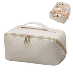 bakluck travel large capacity cosmetic bag with compartment waterproof pu leather makeup bag for women and girl travel bathroom portable checkered beige