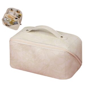 bakluck large capacity travel makeup bag cosmetic bag with compartment waterproof pu leather makeup bag for women and girl travel portable floral white makeup bag