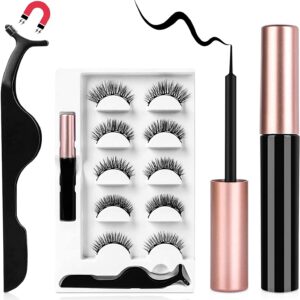 AOMIG Magnetic Eyelashes with Eyeliner Kit, 5 Pairs Natural Look False Eyelashes with Applicator, Waterproof Eyeliner Reusable Fake Lashes for Makeup Eyelashes Extension Black