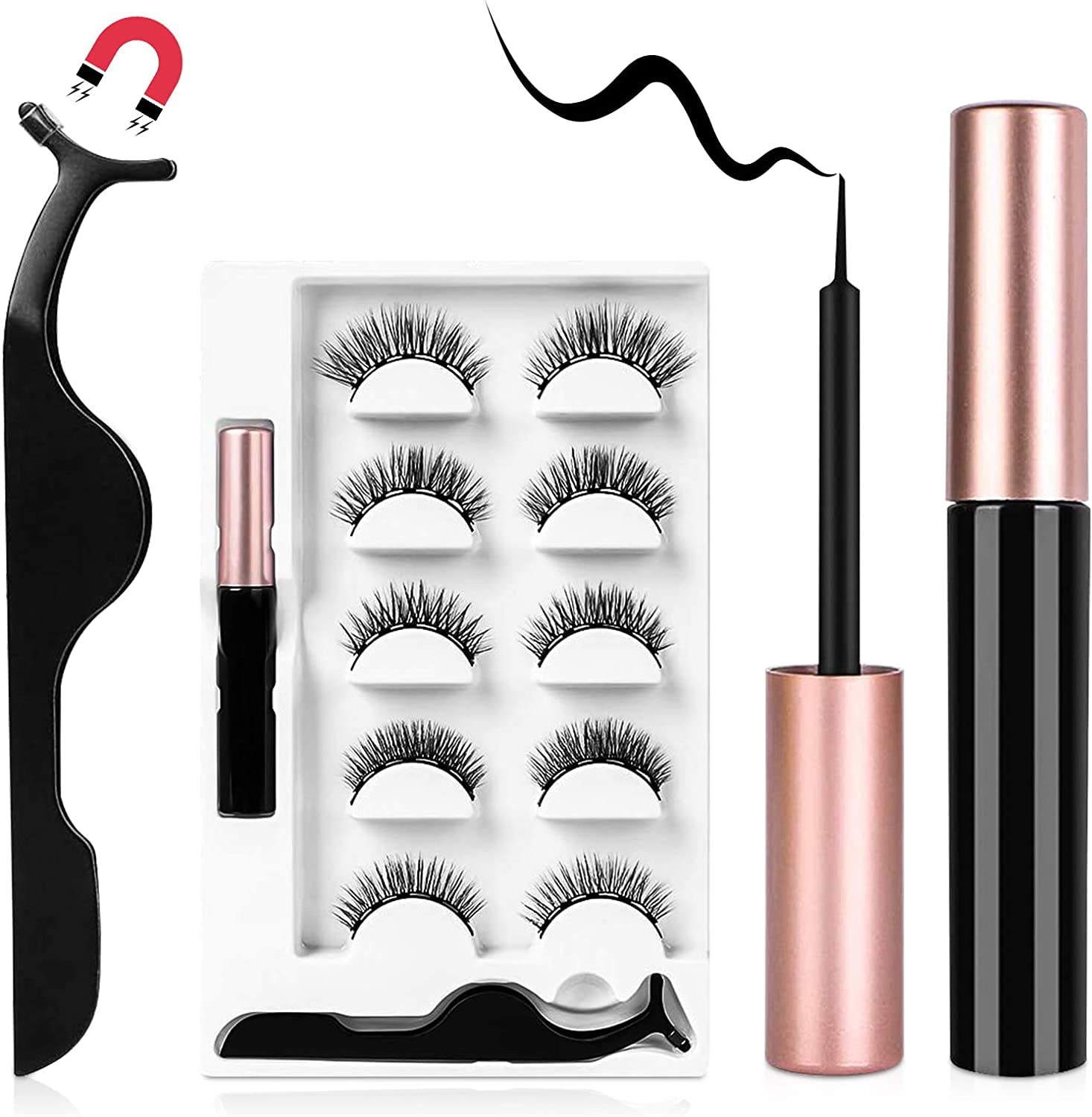 AOMIG Magnetic Eyelashes with Eyeliner Kit, 5 Pairs Natural Look False Eyelashes with Applicator, Waterproof Eyeliner Reusable Fake Lashes for Makeup Eyelashes Extension Black