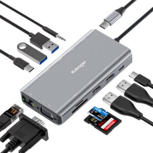 usb c hub dual hdmi, kubager 11 in 1 usb c hub with 2 hdmi 4k, vga, 1000m ethernet, 2 usb 3.1, usb-c 3.1, 100w pd,sd/tf card reader, mic/audio, compatible for macbook dell hp lenovo