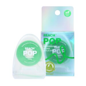 reach pop dental floss, 3 pack, peppermint, vegan wax, plaque remover, pfas-free, shred resistant, cruelty free, eco friendly pcr packaging floss holder, dental oral care, for adults & kids, 54.6yd