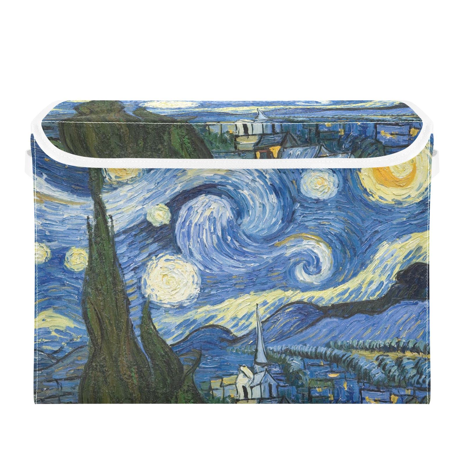 WELLDAY Van Gogh The Starry Night Art Storage Baskets Foldable Cube Storage Bin with Lids and Handle, 16.5x12.6x11.8 In Storage Boxes for Toys, Shelves, Closet, Bedroom, Nursery