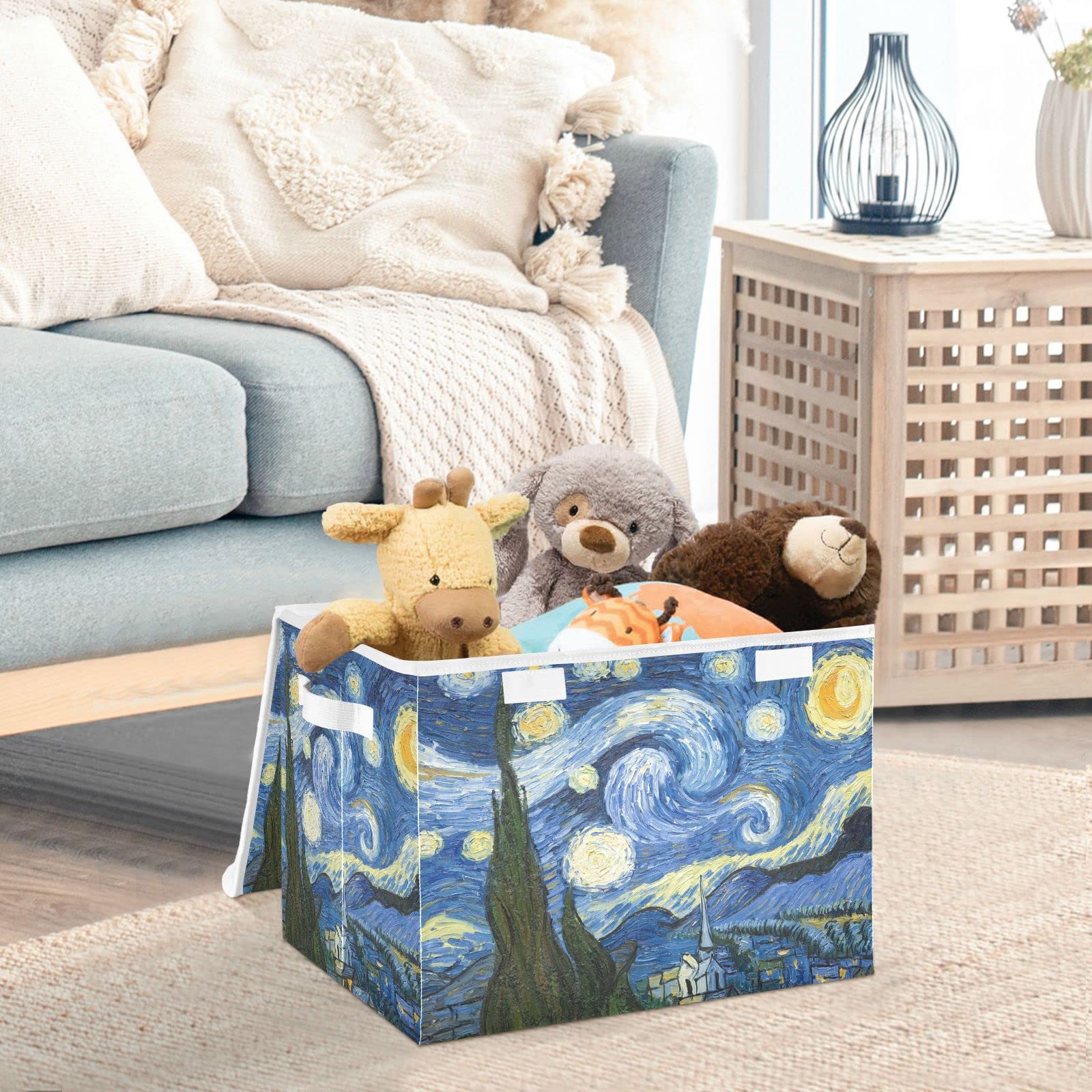 WELLDAY Van Gogh The Starry Night Art Storage Baskets Foldable Cube Storage Bin with Lids and Handle, 16.5x12.6x11.8 In Storage Boxes for Toys, Shelves, Closet, Bedroom, Nursery