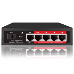 poe switch, 5 port gigabit poe+ switch, cloud managed gigabit ethernet switch, 4 poe ports @52w, 1 uplink ports, 1 sfp slot, app smart managed, overload protection w/ port