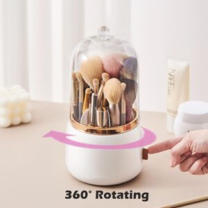 DEEIF Makeup Brush Holder Organizer with Lid 360 Rotating Dustproof Makeup Brushes Organizer for Vanity (Pearl White)