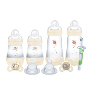 mam welcome home gift set (9-piece), easy start anti-colic baby bottles, baby pacifiers, nipples, training toothbrush, baby shower gifts