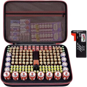 casmilee battery organizer & storage case with tester for 162+ aa aaa 4a c d 9v 3v lithium lr44 cr2 cr123 cr1632 cr2032 18650 button - batteries not included (red)