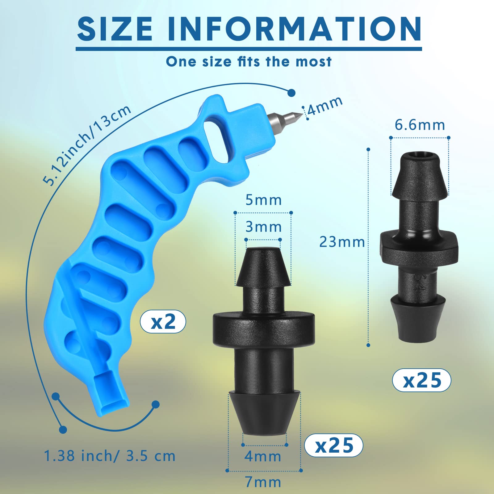 Hestya 2 Pcs 2-in-one Drip Irrigation Tubing Hole Punch and Fitting Insertion Tool and 50 Pcs 1/4" Drip Irrigation Fittings Kit 25 Barbed Connectors 25 Irrigation Plugs, Easier 1/4" Fitting