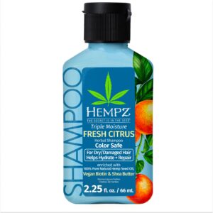 hempz biotin hair shampoo - triple moisture peach & grapefruit - for growth & strengthening of dry, damaged hair - travel size 2.25 fl oz