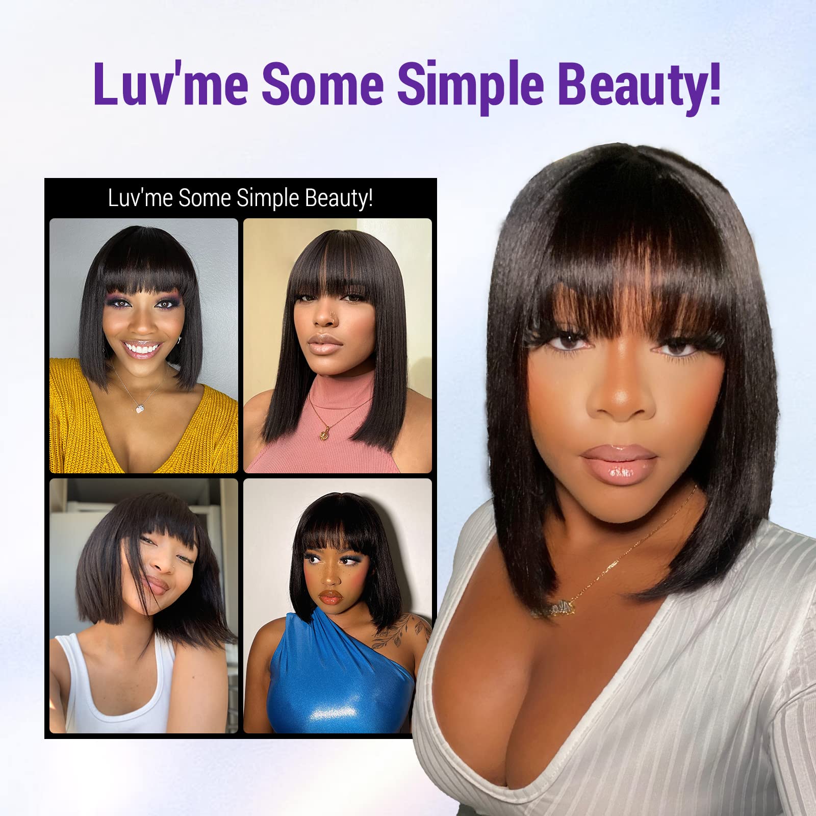 LUVME HAIR 10 Inch Short Black Straight Bang Wig with Minimalist 2x1 Lace Scalp For Women