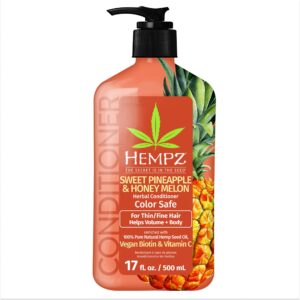 hempz biotin conditioner - sweet pineapple & honey melon - for thin/fine hair growth & strengthening of dry, damaged and color treated hair, hydrating, softening, moisturizing - 17 fl oz