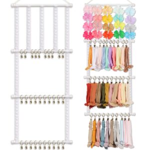 cn headband organizer holder for baby girls, bow holder for girls hair bows, hair accessories hanger boho ribbon storage with 30 bronze clips for nursery hanging room decor for wall