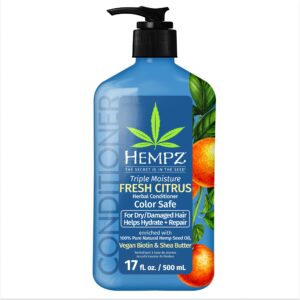 hempz biotin conditioner - triple moisture fresh citrus - peach & grapefruit - for growth & strengthening of dry, damaged and color treated hair, hydrating, softening, moisturizing - 17 fl oz