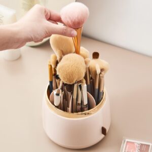 DEEIF Makeup Brush Holder Organizer with Lid 360 Rotating Dustproof Makeup Brushes Organizer for Vanity (Pearl White)