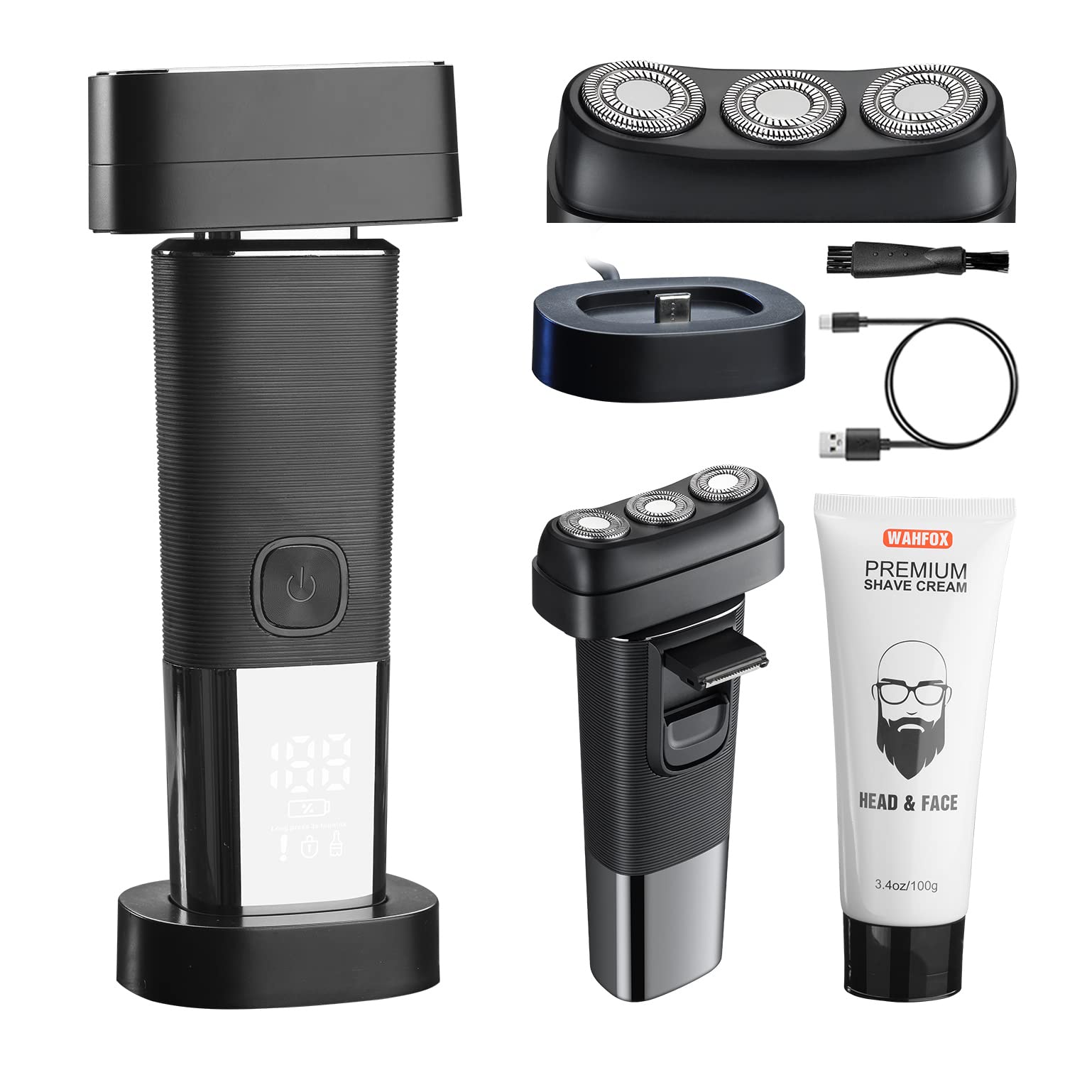 WAHFOX Electric Shaver Wet & Dry Shaver with Charging Stand, Pop-up Trimmer, with Shaving Cream, Rechargeable Shaver