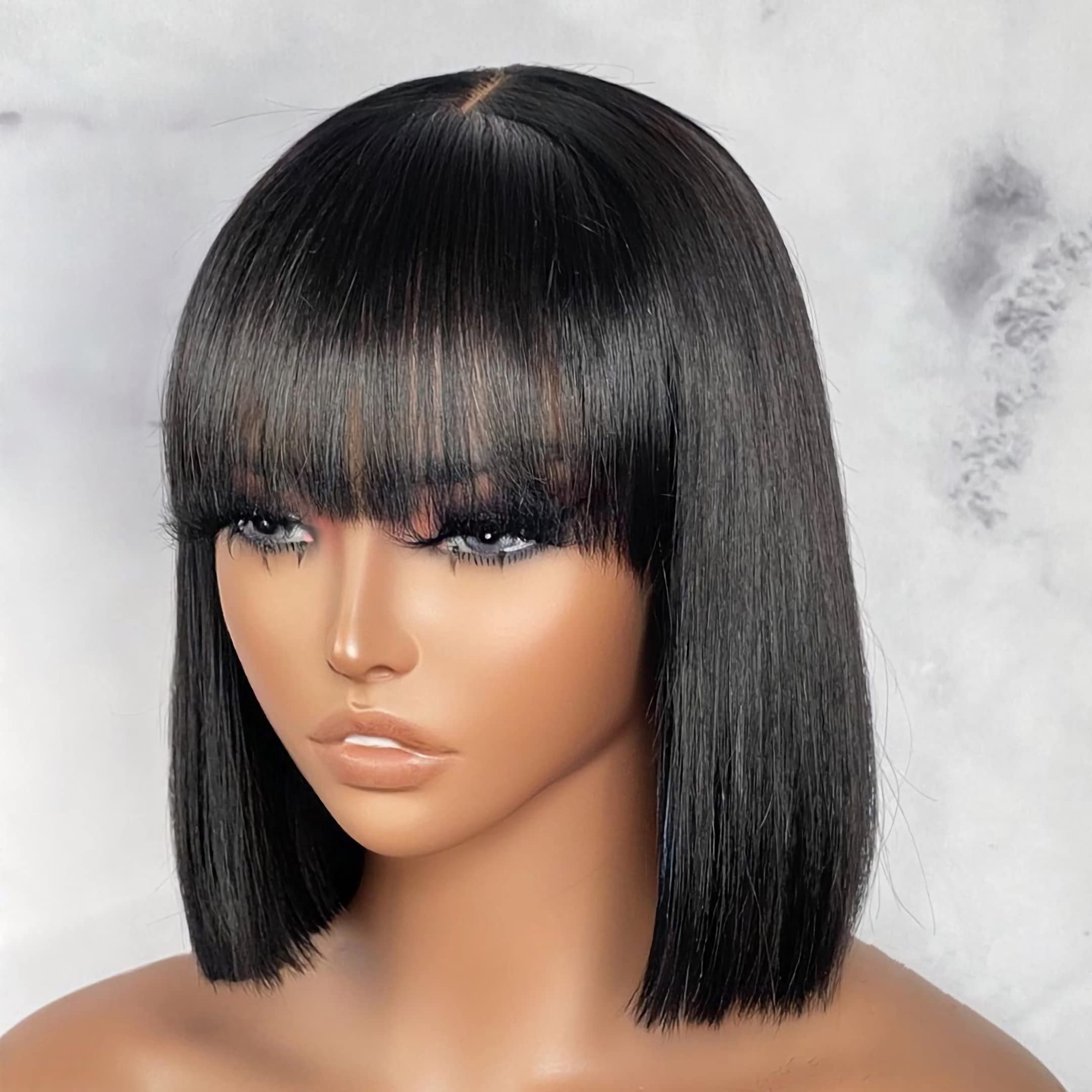 LUVME HAIR 10 Inch Short Black Straight Bang Wig with Minimalist 2x1 Lace Scalp For Women