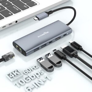 4k@60hz usb c hub with ethernet, 6-in-1 multiport adapter with 4k@60hz hdmi, 10gbps usb3.0, 100w pd charging and gigabit ethernet, macbook docking station compatible with mac m1, m2, ipad, steam deck