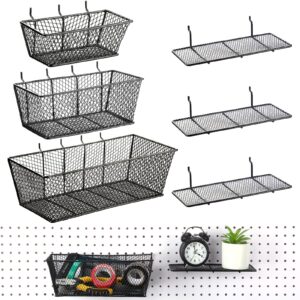 6 pieces pegboard basket organizer pegboard hook peg board rack wire peg board shelf wall organizer multiple size peg board accessories for organizing various tool workbench garage storage, black