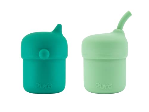 Pura my-my Silicone Sippy Cup - Training Cup, Reusable, Platinum Food Grade Medical Grade, Spill Proof Cups for Kids, Toddlers, Babies & Infants - 2-Pack Mint + Straw, Moss Combo