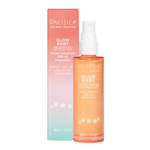 pacifica setting spray glow baby brightening mist, broad spectrum spf 45, uva/uvb protection, blue light protection, facial mist, suncare, skin care, vegan, 1.7 fl oz (1 count)