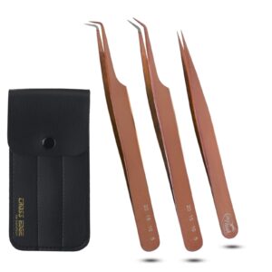 my lash tools - fiber tip lash tweezers for eyelash extensions professional set of 3 volume boot, isolation, & curved tweezers set japanese steel lash extension supplies (rose gold)