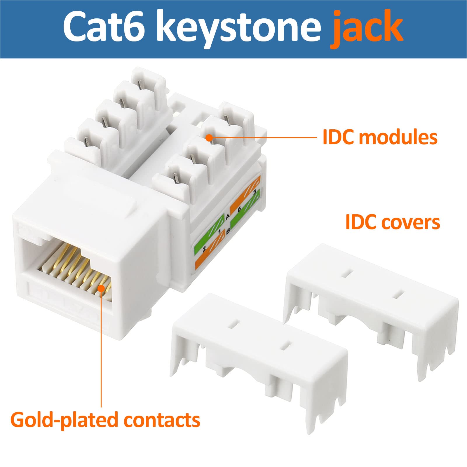 Hoteam 100 Pack Cat6 Cable RJ45 Keystone Jack UTP Modular Ethernet Jack Insert 90-Degree, Punch Down Keystone Jack Adapter for Secure Connection (White)