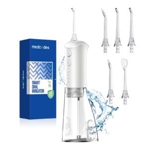 medcodes water dental flosser pick for teeth - 3 modes cordless oral irrigator 300ml portable with 5 jet tips, 40 days rechargeable ipx7 waterproof water dental for cleaning for home travel(white)