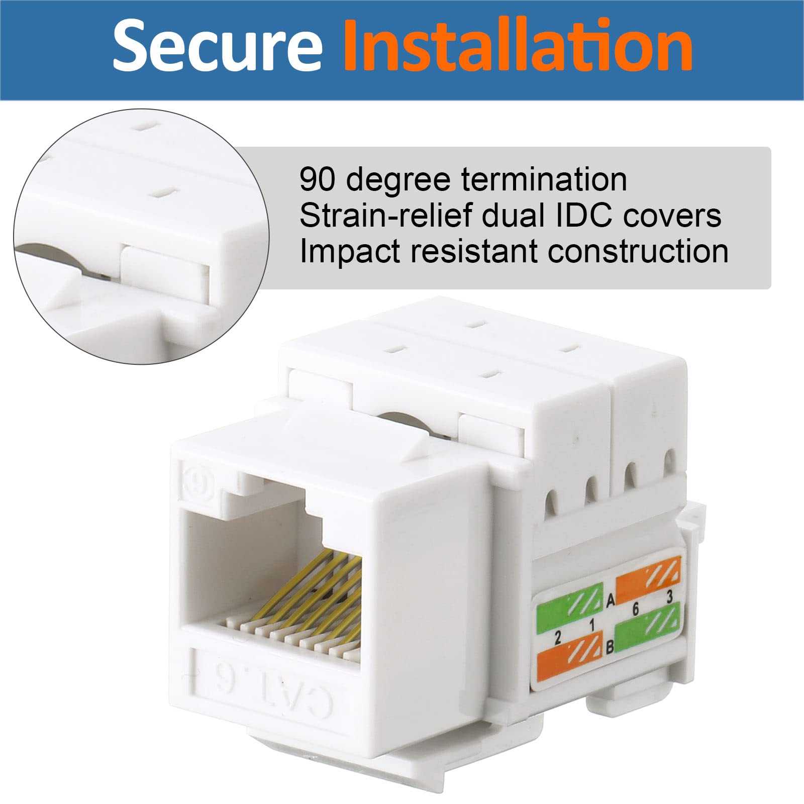 Hoteam 100 Pack Cat6 Cable RJ45 Keystone Jack UTP Modular Ethernet Jack Insert 90-Degree, Punch Down Keystone Jack Adapter for Secure Connection (White)