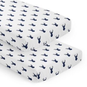 sweet jojo designs navy blue white woodland deer boy baby fitted crib sheet set nursery soft infant newborn fits standard mattress or toddler bed - 2pc - forest animal stag antler