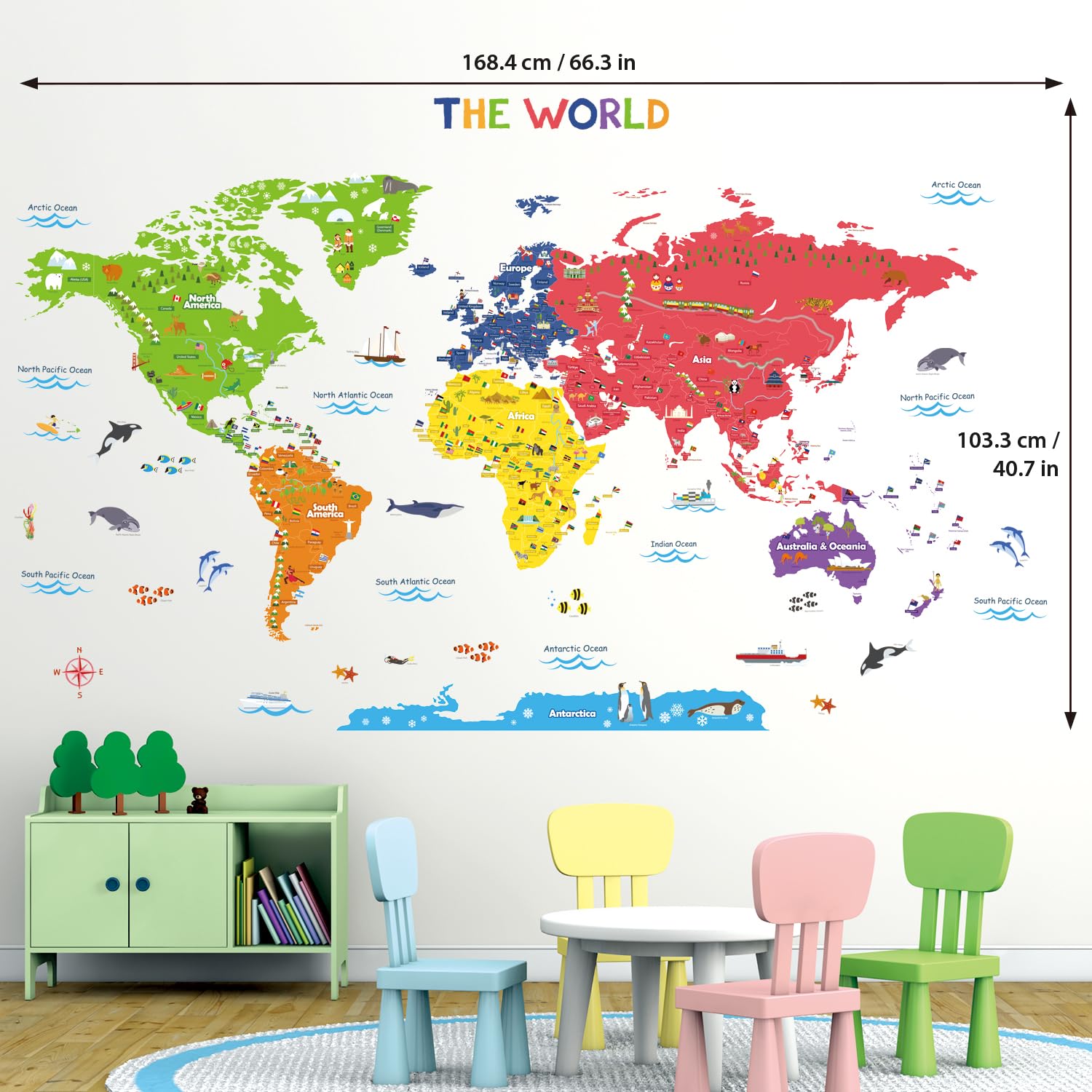 DECOWALL DL3-2212 XLarge World Map Kids Wall Stickers (59x40 inch) Decals Peel and Stick Removable for Nursery Bedroom Living Room Art murals Decorations