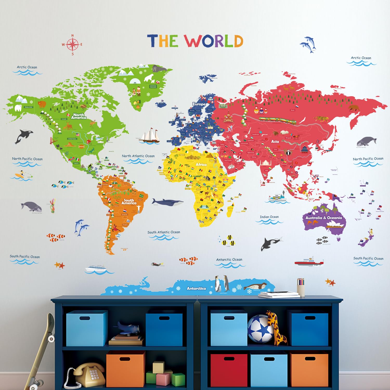 DECOWALL DL3-2212 XLarge World Map Kids Wall Stickers (59x40 inch) Decals Peel and Stick Removable for Nursery Bedroom Living Room Art murals Decorations