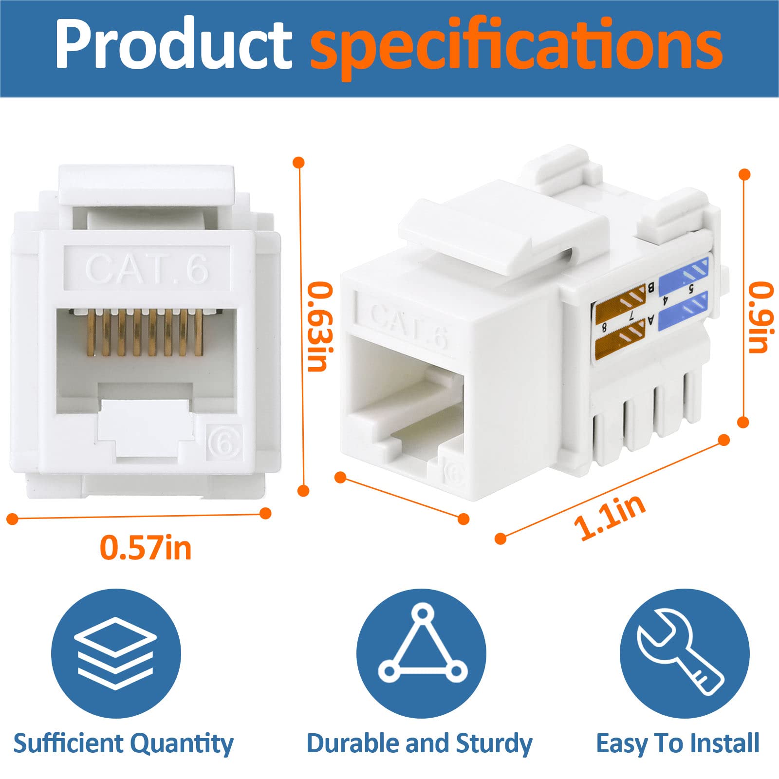 Hoteam 100 Pack Cat6 Cable RJ45 Keystone Jack UTP Modular Ethernet Jack Insert 90-Degree, Punch Down Keystone Jack Adapter for Secure Connection (White)