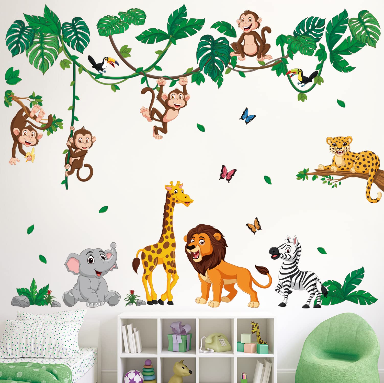 DECOWALL DSL-8069 Jungle Animal Cartoon Wall Decals Elephant Monkey Giraffe Lion Forest Stickers for Kids Baby Nursery Bedroom Playroom Living Room Decor DIY Art