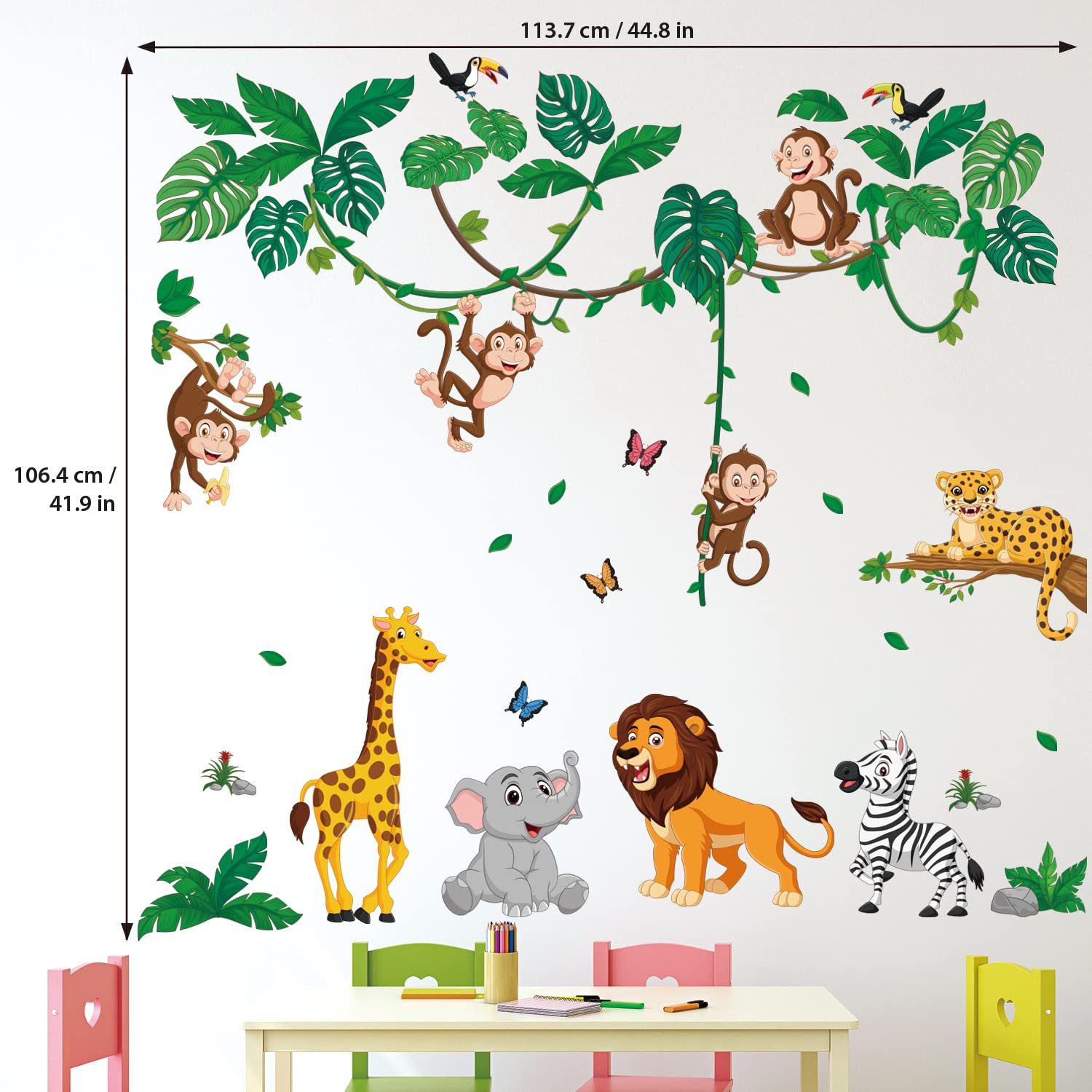 DECOWALL DSL-8069 Jungle Animal Cartoon Wall Decals Elephant Monkey Giraffe Lion Forest Stickers for Kids Baby Nursery Bedroom Playroom Living Room Decor DIY Art