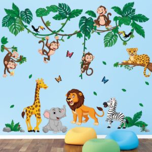 decowall dsl-8069 jungle animal cartoon wall decals elephant monkey giraffe lion forest stickers for kids baby nursery bedroom playroom living room decor diy art