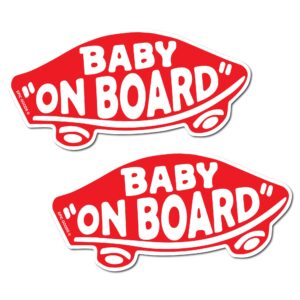 epic goods baby on board sticker for cars, trucks, vans [2-pack] safety sign decal for kids, heavy-duty waterproof bumper sticker - skateboarding, bmx, baby shower registry gift (white/red - stickers)