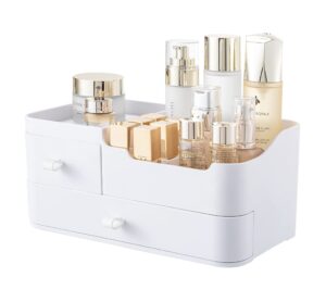 hblife plastic makeup organizer for vanity with 2 drawers large skincare organizers 8 compartments bathroom organizer cosmetic storage, white