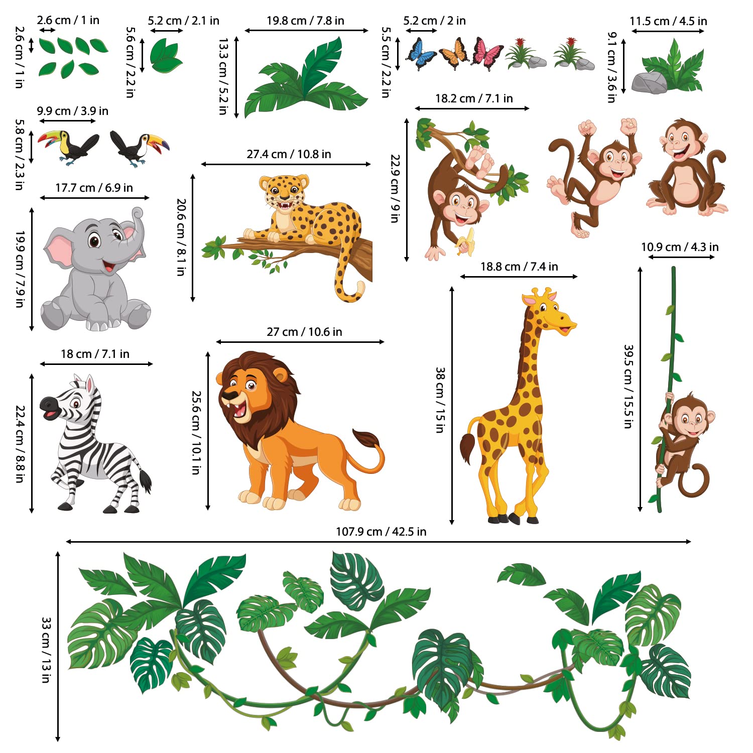 DECOWALL DSL-8069 Jungle Animal Cartoon Wall Decals Elephant Monkey Giraffe Lion Forest Stickers for Kids Baby Nursery Bedroom Playroom Living Room Decor DIY Art