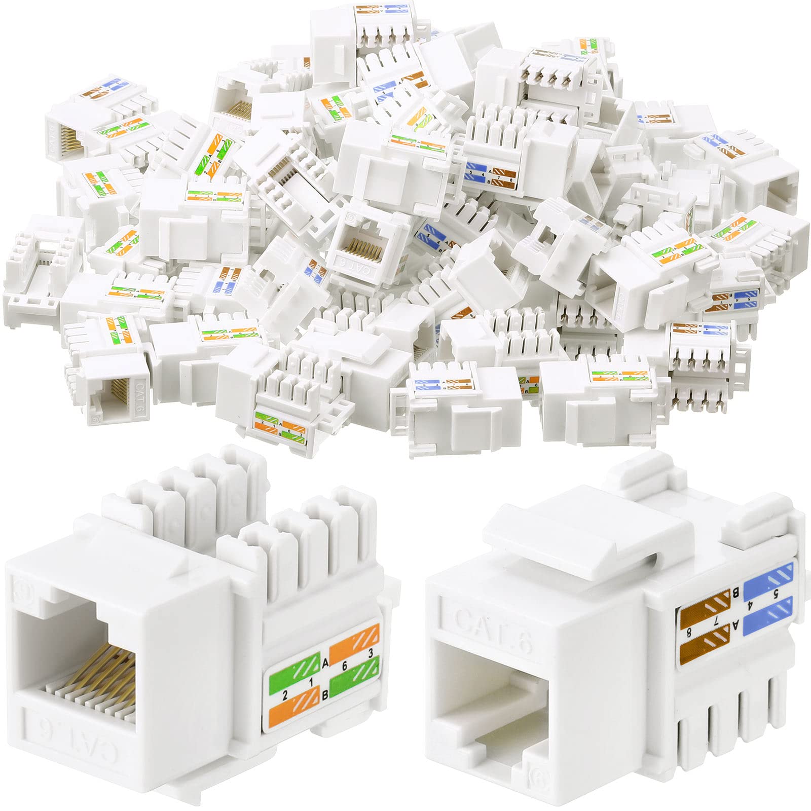 Hoteam 100 Pack Cat6 Cable RJ45 Keystone Jack UTP Modular Ethernet Jack Insert 90-Degree, Punch Down Keystone Jack Adapter for Secure Connection (White)