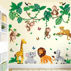 DECOWALL DSL-8069 Jungle Animal Cartoon Wall Decals Elephant Monkey Giraffe Lion Forest Stickers for Kids Baby Nursery Bedroom Playroom Living Room Decor DIY Art