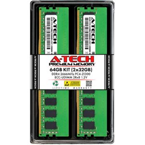 a-tech server 64gb kit (2 x 32gb) 2rx8 pc4-21300 ddr4 2666mhz ecc unbuffered udimm 288-pin dual rank dimm 1.2v workstation server memory ram upgrade stick modules (a-tech enterprise series)