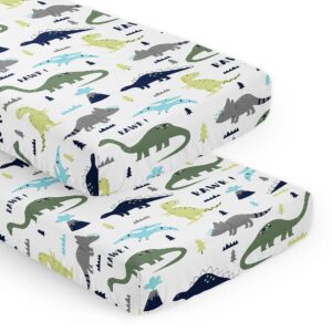 sweet jojo designs blue green modern dinosaur boy baby fitted crib sheet set nursery soft infant newborn fits standard mattress toddler bed 2pc - turquoise boho bohemian grey and white mod dinosaurs