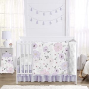 sweet jojo designs lavender purple boho floral girl baby crib bedding set infant nursery room quilt fitted sheets skirt pink grey white bohemian shabby chic rose watercolor flower farmhouse polka dot