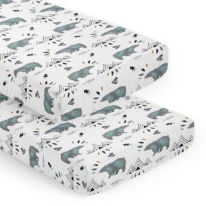 sweet jojo designs slate blue bear mountain boy baby fitted crib sheet set nursery soft infant newborn fits standard mattress or toddler bed - 2pc - black and white watercolor woodland forest animal